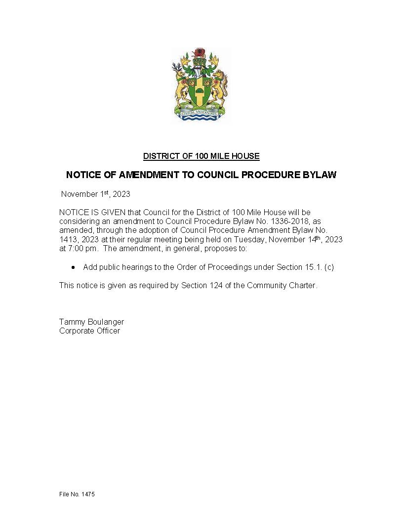 Notice of Amendment to Council Procedure Bylaw | District of 100 Mile House